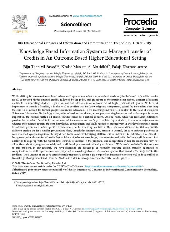 (PDF) Knowledge Based Information System to Manage Transfer of Credits in An Outcome Based ...