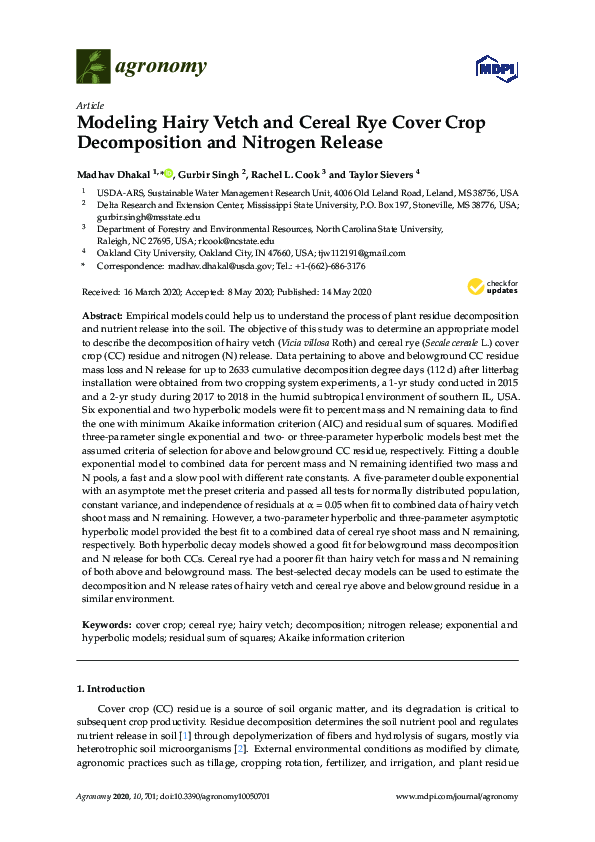 (PDF) Modeling Hairy Vetch and Cereal Rye Cover Crop Decomposition and ...