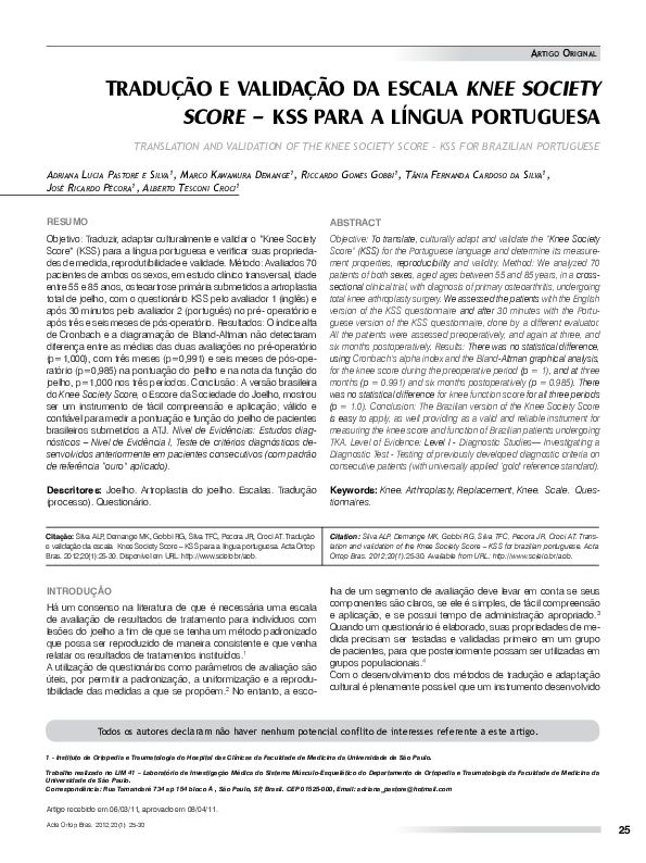 Tradução e validação da escala Knee Society Score: KSS para a Língua ...