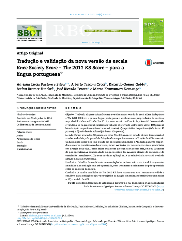 (PDF) Tradução e validação da nova versão da escala Knee Society Score ...