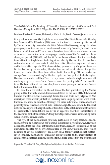 (PDF) Review of Gómez and Harrison, trans. Vimalakīrtinirdeśa: The Teaching of Vimalakīrti [BSR ...