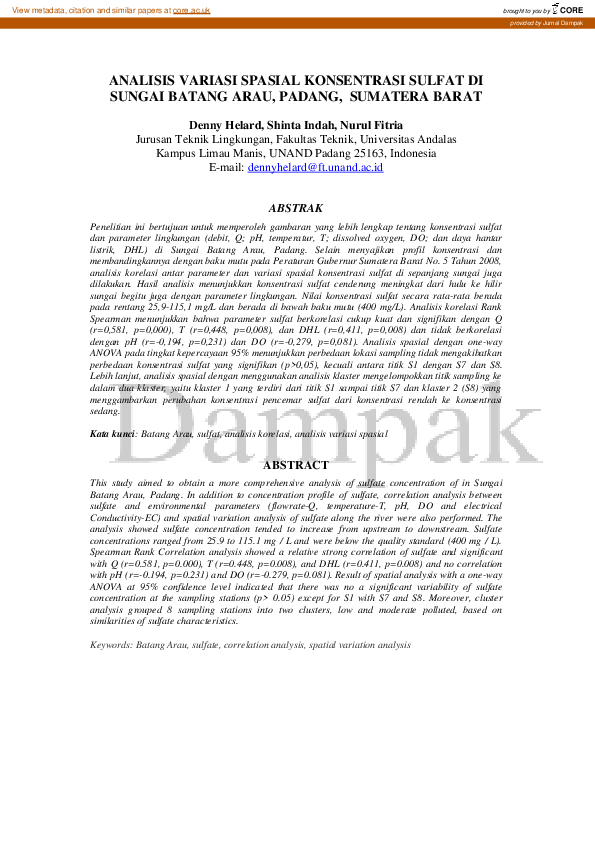 (PDF) Analisis Variasi Spasial Konsentrasi Sulfat DI Sungai Batang Arau, Padang, Sumatera Barat