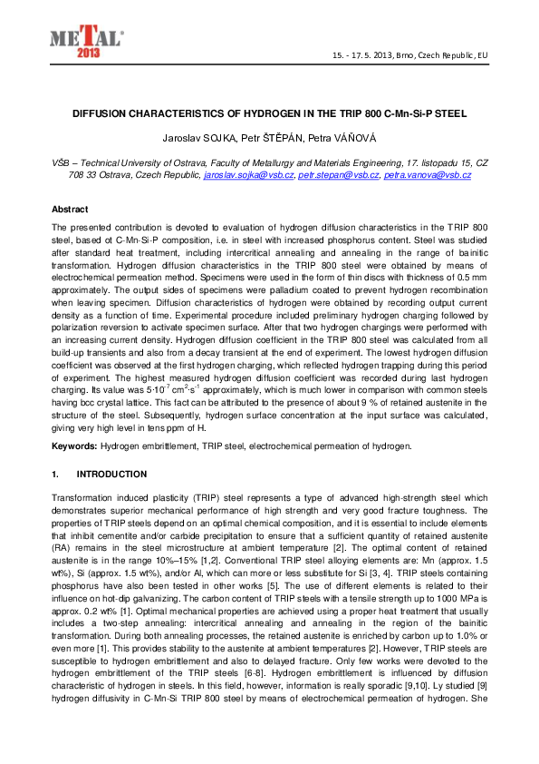 (PDF) Hydrogen Diffusion Characteristics in the TRIP 800 C-Mn-Si Steel