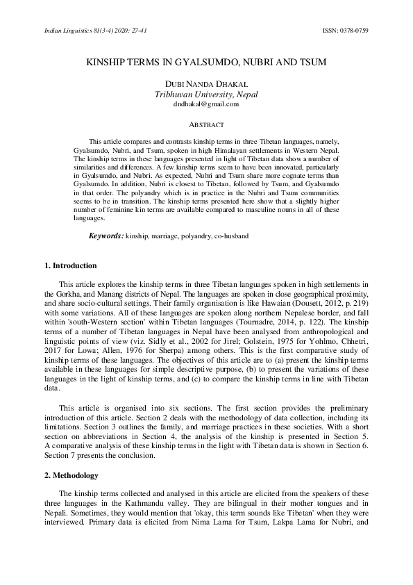 (PDF) KINSHIP TERMS IN GYALSUMDO, NUBRI AND TSUM