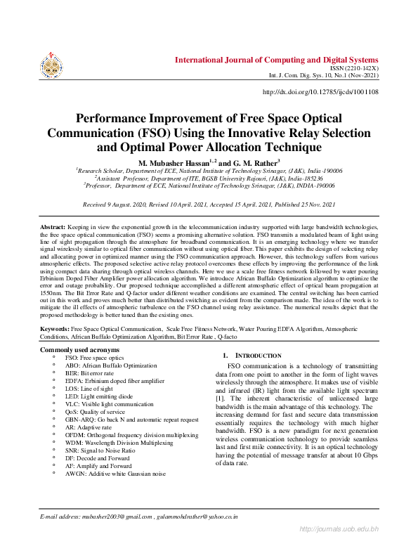 (PDF) Performance Improvement of Free Space Optical Communication (FSO) Using the Innovative ...