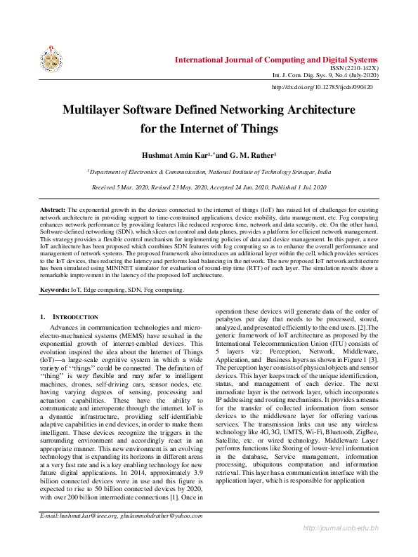 (PDF) Multilayer Software Defined Networking Architecture for the Internet of Things