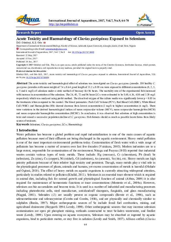 (PDF) Acute Toxicity and Haematology of Clarias gariepinus Exposed to ...