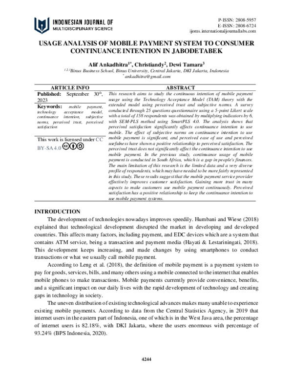Pdf Usage Analysis Of Mobile Payment System To Consumer Continuance Intention In Jabodetabek