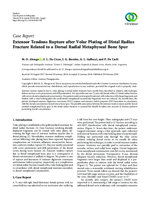 (PDF) Extensor Tendons Rupture after Volar Plating of Distal Radius ...
