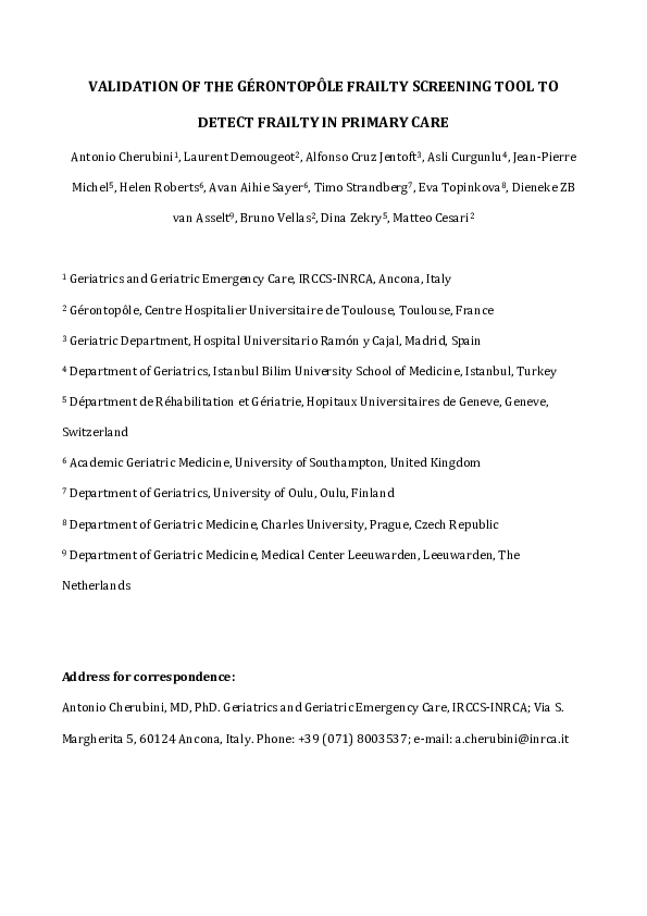 (PDF) Relationship between the Gérontopôle Frailty Screening Tool and ...
