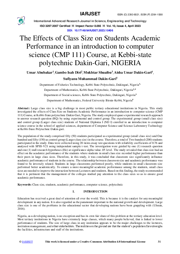 (PDF) The Effects of Class Size on Students Academic Performance in an introduction to computer ...