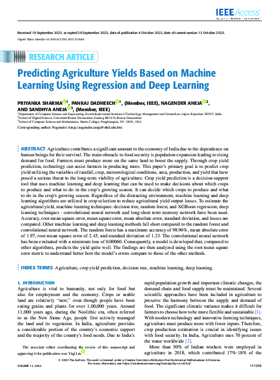(PDF) Predicting Agriculture Yields Based on Machine Learning Using ...