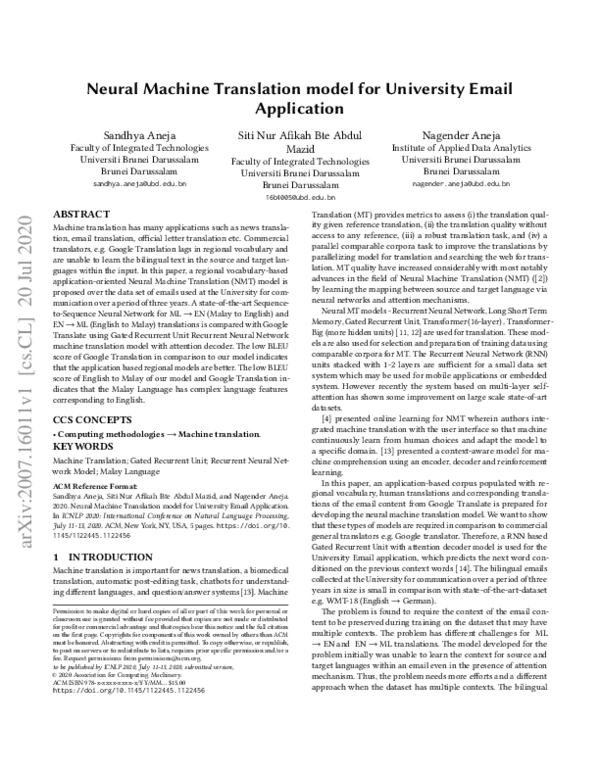 (PDF) Neural Machine Translation model for University Email Application