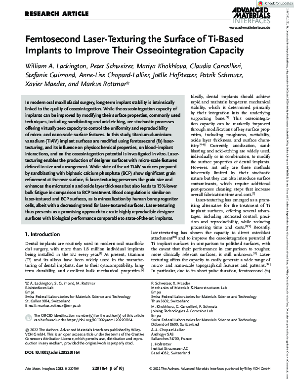(PDF) Femtosecond Laser‐Texturing the Surface of Ti‐Based Implants to Improve Their ...