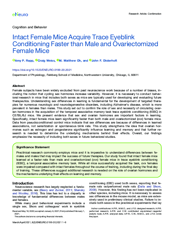 (PDF) Intact Female Mice Acquire Trace Eyeblink Conditioning Faster ...
