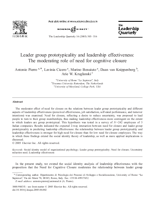(PDF) Leader group prototypicality and leadership effectiveness: The ...