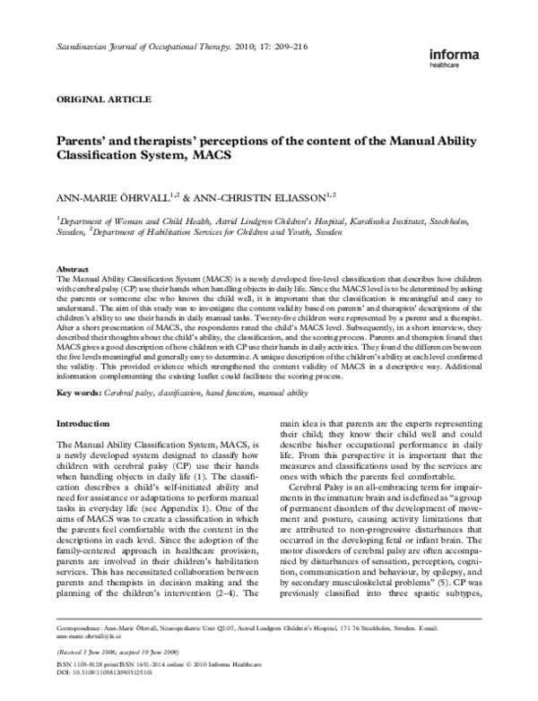 (PDF) Parents' and therapists' perceptions of the content of the Manual ...