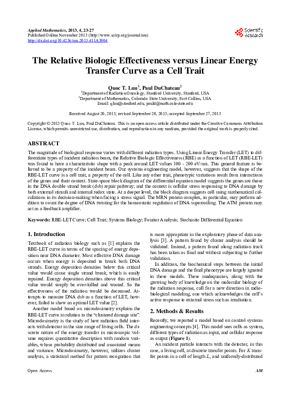 (PDF) The Relative Biologic Effectiveness versus Linear Energy Transfer ...