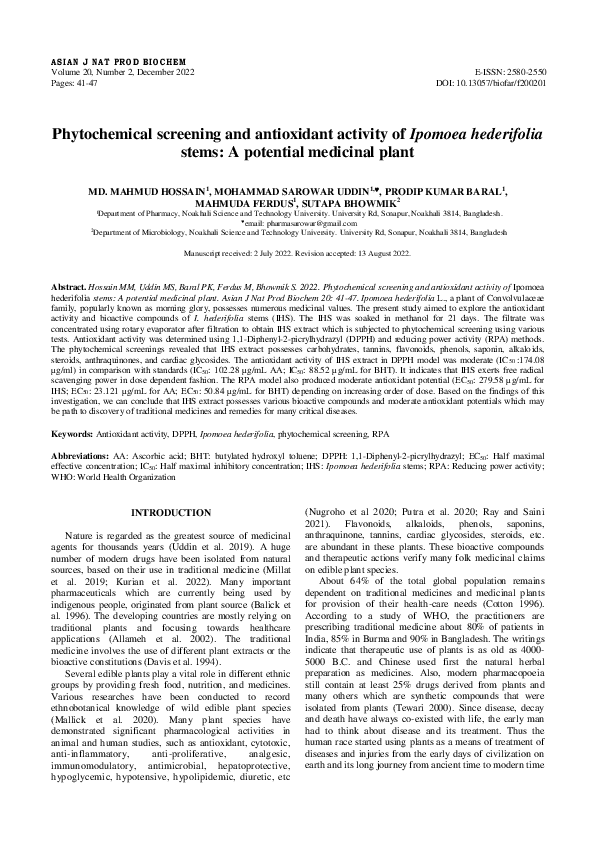 (PDF) Phytochemical screening and antioxidant activity of Ipomoea hederifolia stems: A potential ...
