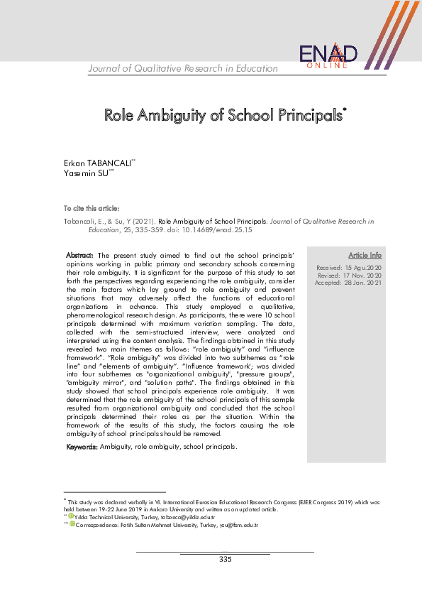 (PDF) Role Ambiguity of School Principals | Yasemin SU - Academia.edu