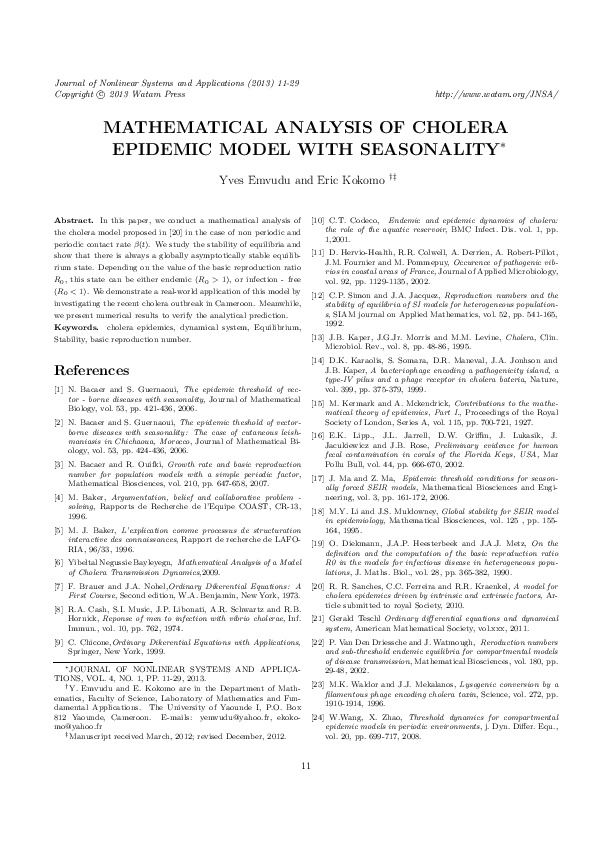 (PDF) Mathematical Analysis of Cholera Epidemic Model with Seasonality