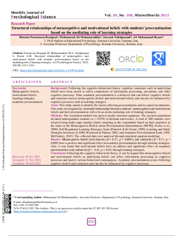 (PDF) Structural relationships of metacognitive and motivational beliefs with students ...