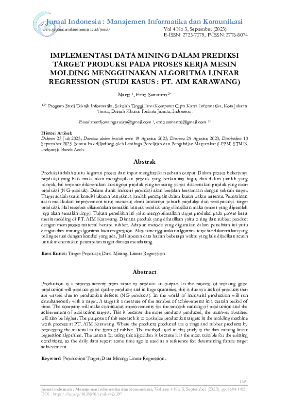 (PDF) Implementasi Data Mining Dalam Prediksi Target Produksi Pada Proses Kerja Mesin Molding ...