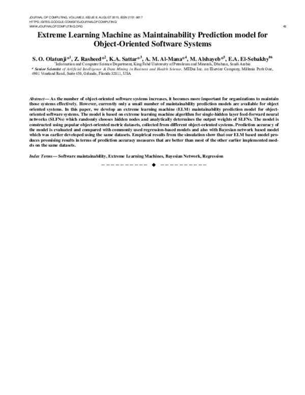 (PDF) Extreme Learning Machine as Maintainability Prediction