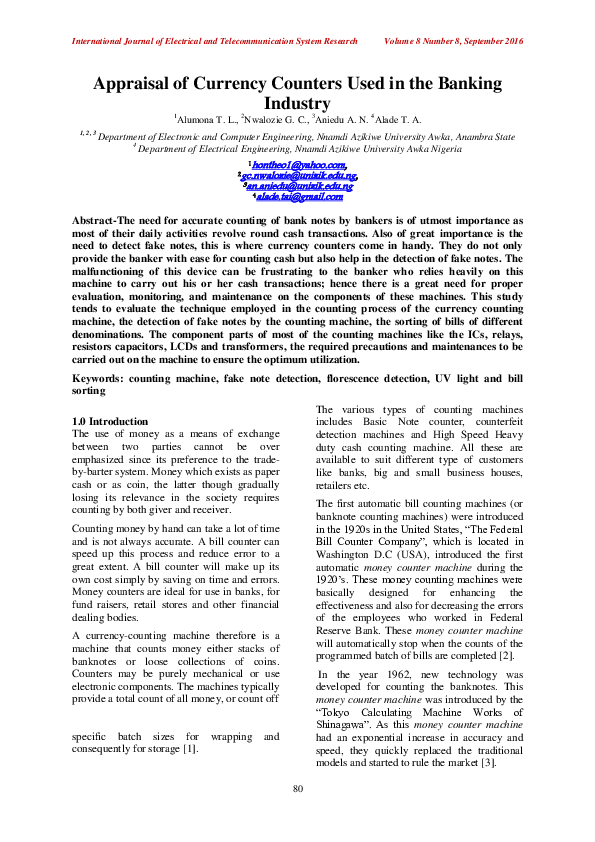 (PDF) Appraisal of Currency Counters Used in the Banking Industry