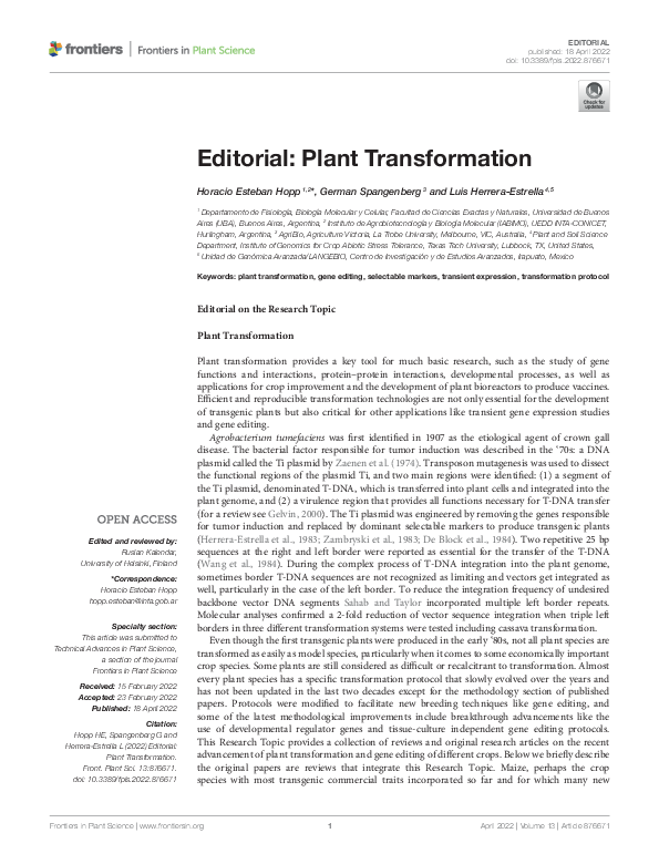 (PDF) Editorial: Plant Transformation