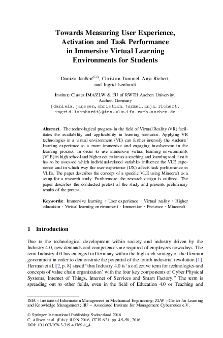 (PDF) Towards Measuring User Experience, Activation and Task Performance in Immersive Virtual ...