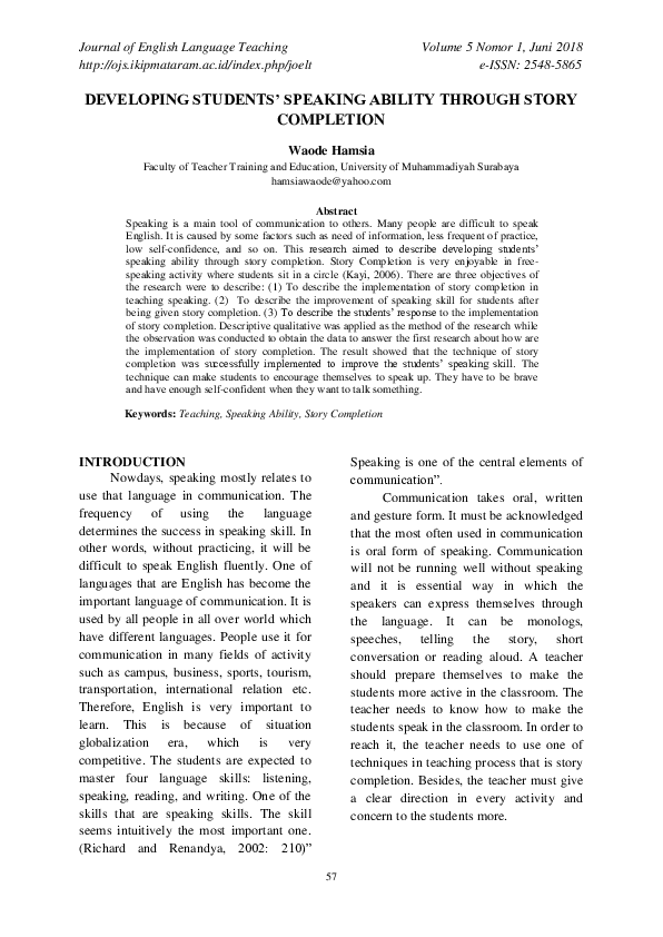 (PDF) Developing Students’ Speaking Ability Through Story Completion