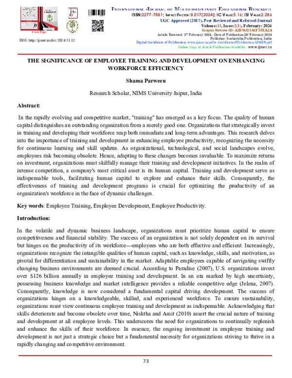 (PDF) THE SIGNIFICANCE OF EMPLOYEE TRAINING AND DEVELOPMENT ON ENHANCING WORKFORCE EFFICIENCY