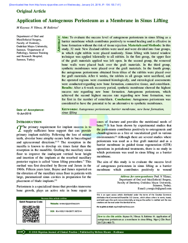 (PDF) Application of autogenous periosteum as a membrane in sinus lifting