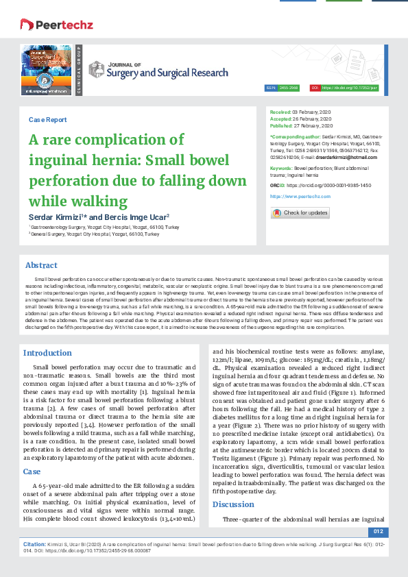 (PDF) A rare complication of inguinal hernia: Small bowel perforation due to falling down while ...