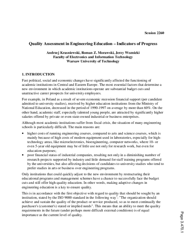 (PDF) Quality Assessment In Engineering Education … Indicators Of Progress