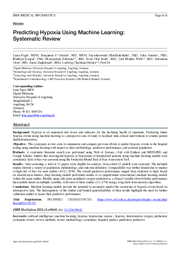 (PDF) Predicting Hypoxia Using Machine Learning: Systematic Review