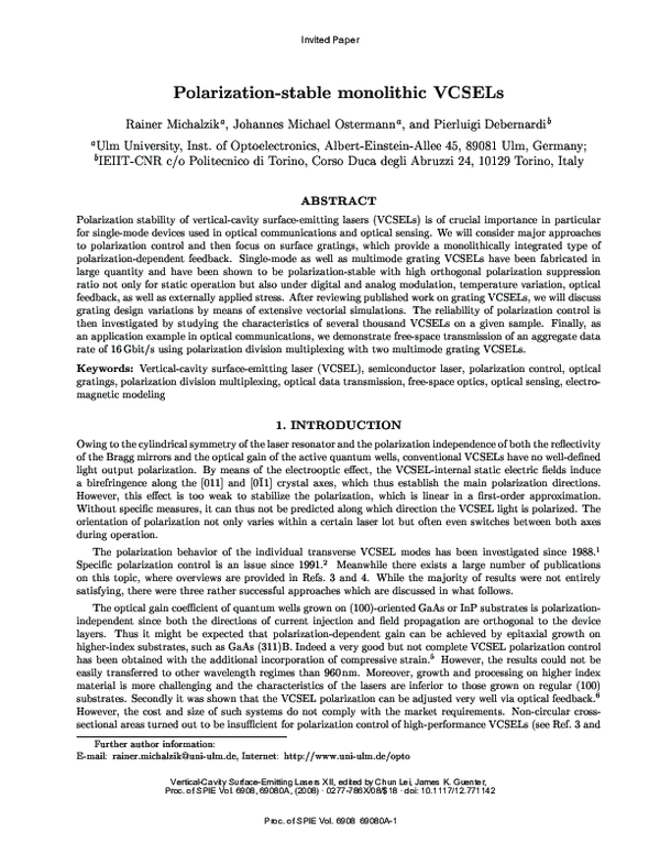 (PDF) Polarization-stable monolithic VCSELs