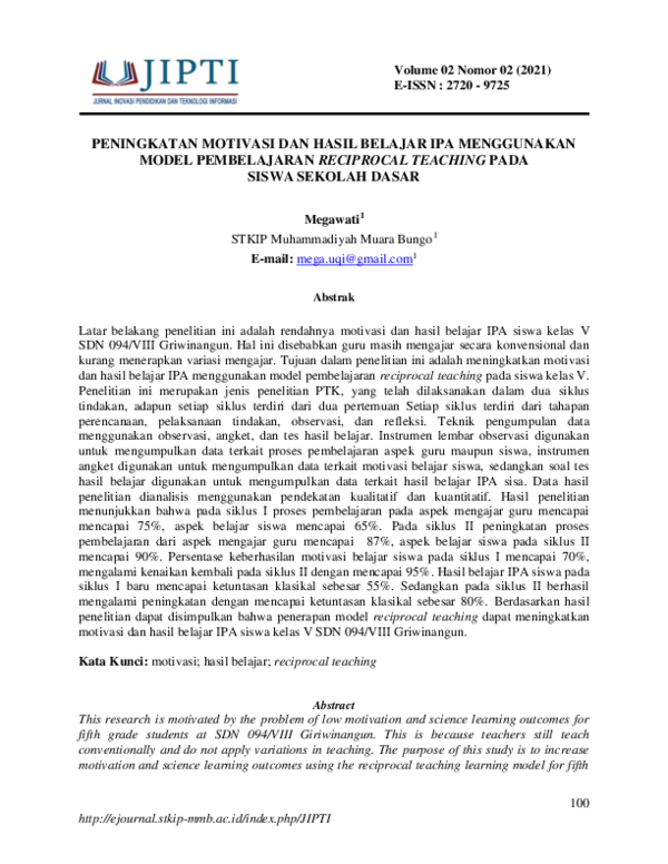 (PDF) Peningkatan Motivasi Dan Hasil Belajar Ipa Menggunakan Model Pembelajaran Reciprocal ...