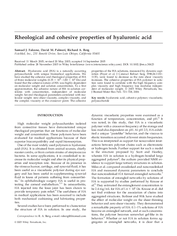 Pdf Rheological And Cohesive Properties Of Hyaluronic Acid David