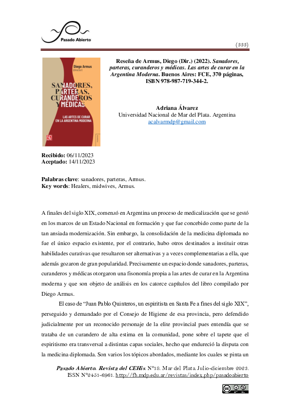 (PDF) Reseña de Armus, Diego (Dir.) (2022). Sanadores, parteras ...