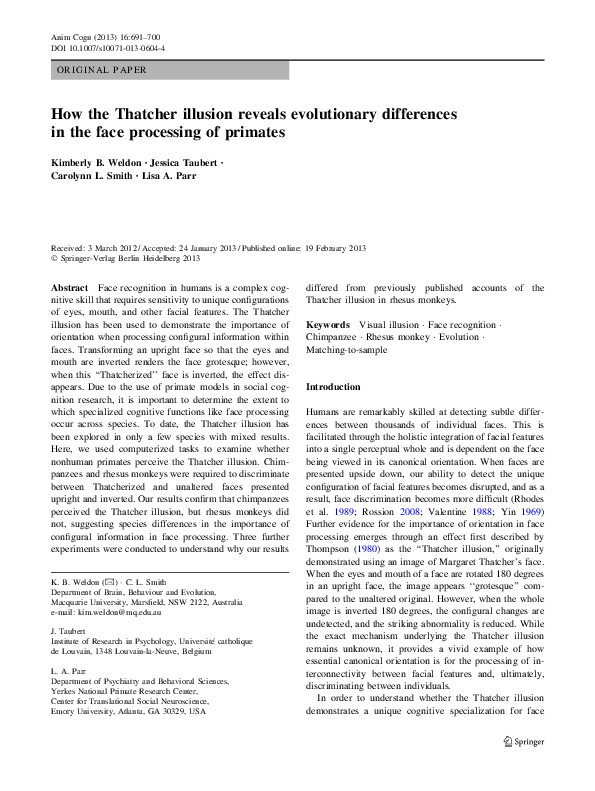 (PDF) How the Thatcher illusion reveals evolutionary differences in the ...