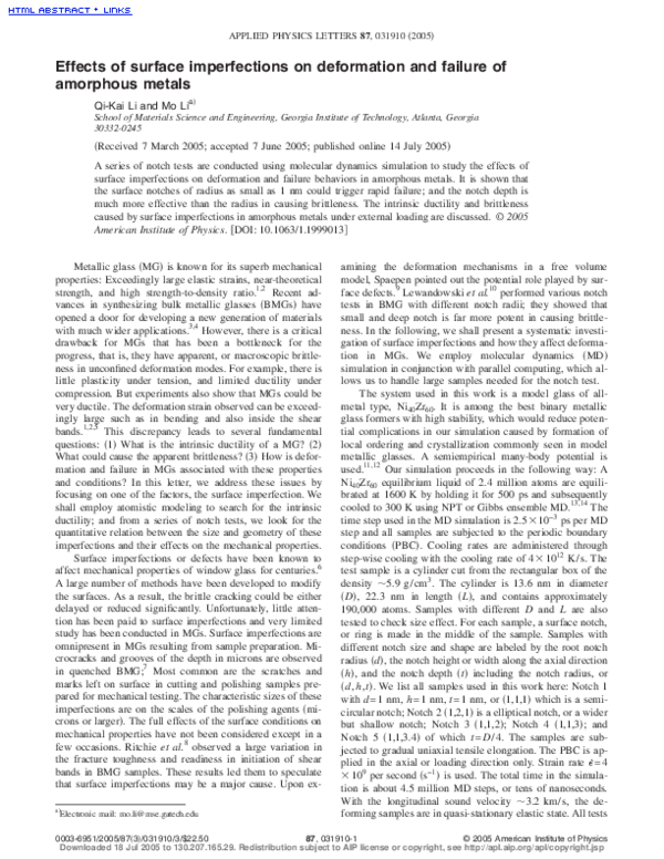 (PDF) Effects of surface imperfections on deformation and failure of ...