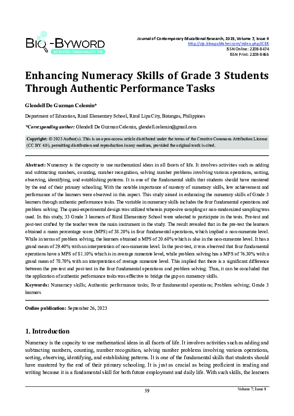 (PDF) Enhancing Numeracy Skills of Grade 3 Students Through Authentic Performance Tasks