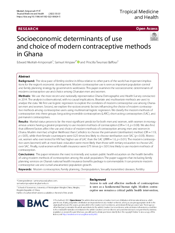 Pdf Socioeconomic Determinants Of Use And Choice Of Modern