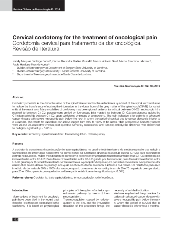 (PDF) Cervical cordotomy for the treatment of oncological pain