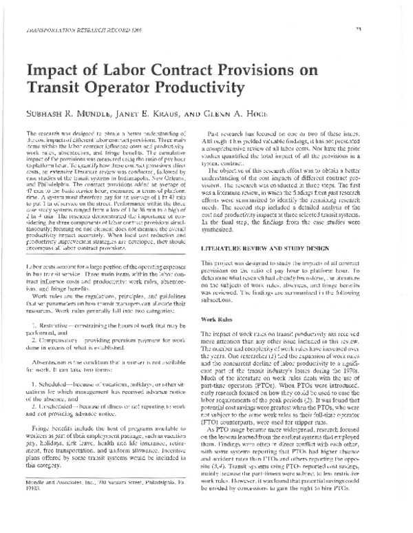 (PDF) Impact of Labor Contract Provisions on Transit Operator Productivity