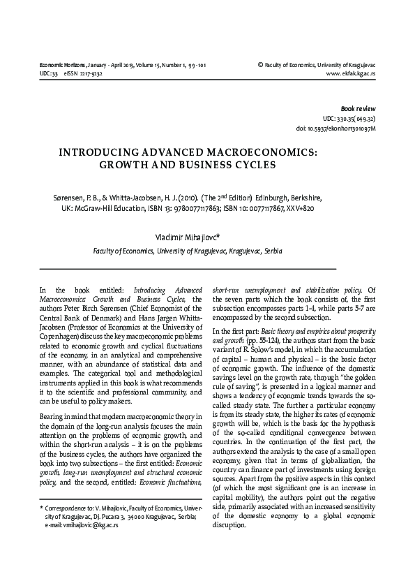 (PDF) Introducing Advanced Macroeconomics : Growth and Business Cycles