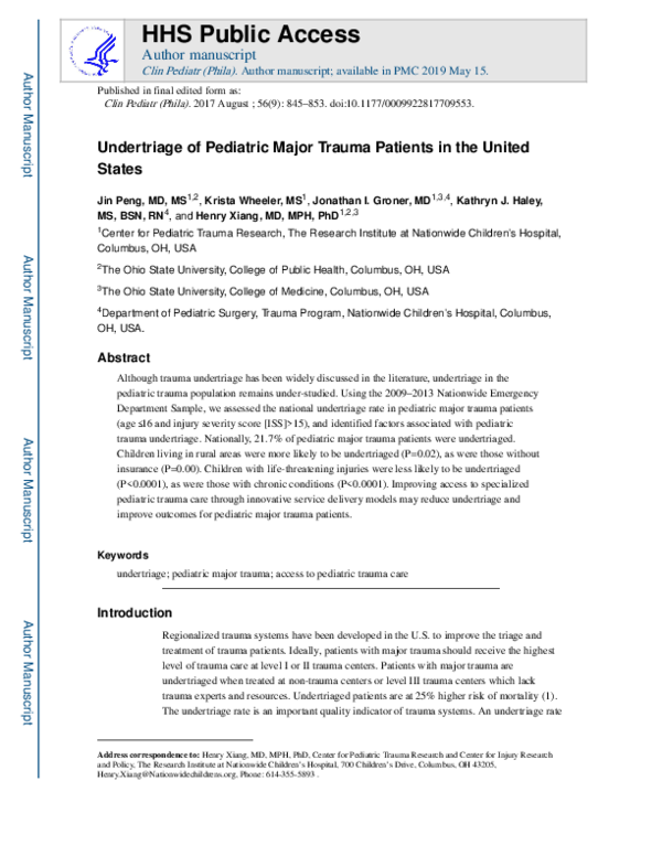 (PDF) Undertriage of Pediatric Major Trauma Patients in the United States