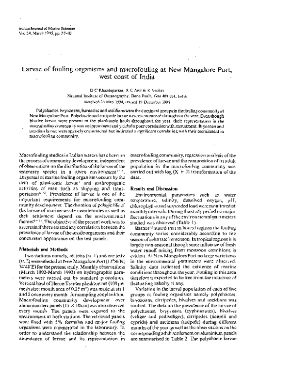 (PDF) Larvae of fouling organisms and macrofouling at New Mangalore ...